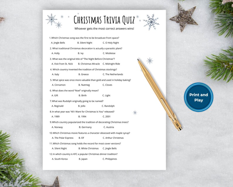 Christmas Trivia Game Printable | Holiday Party Game | Festive Quiz for ...
