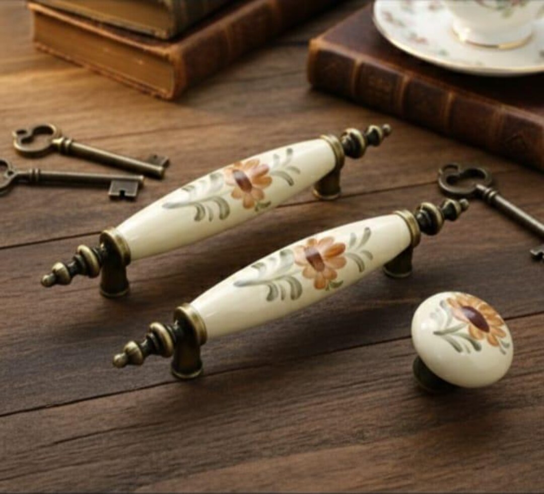 Vintage Floral Ceramic Drawer Pulls, Porcelain Cabinet Handles, Rustic ...