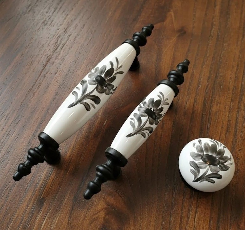 Vintage Floral Ceramic Drawer Pulls, Porcelain Cabinet Handles, Rustic ...