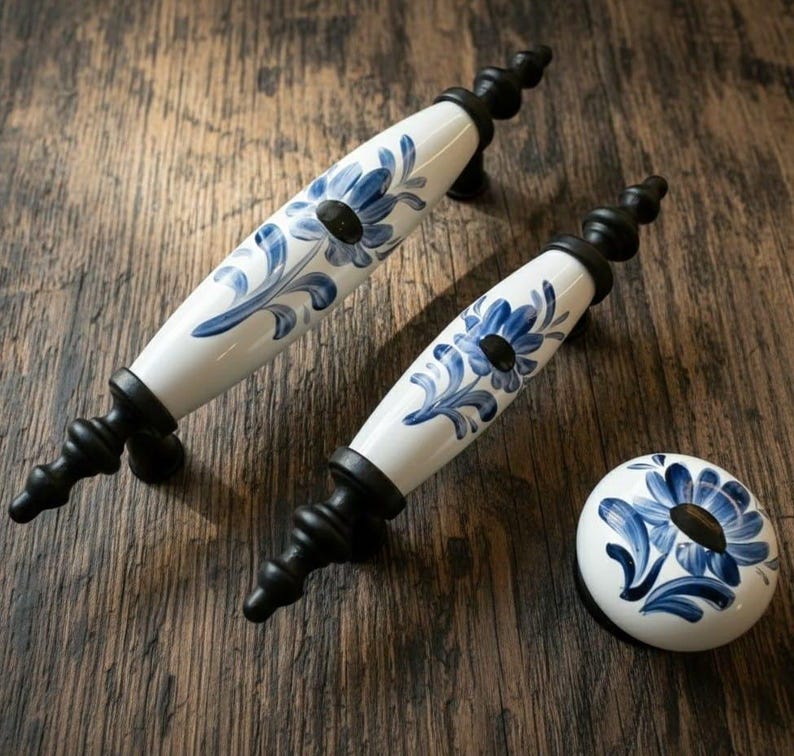 Vintage Floral Ceramic Drawer Pulls, Porcelain Cabinet Handles, Rustic ...