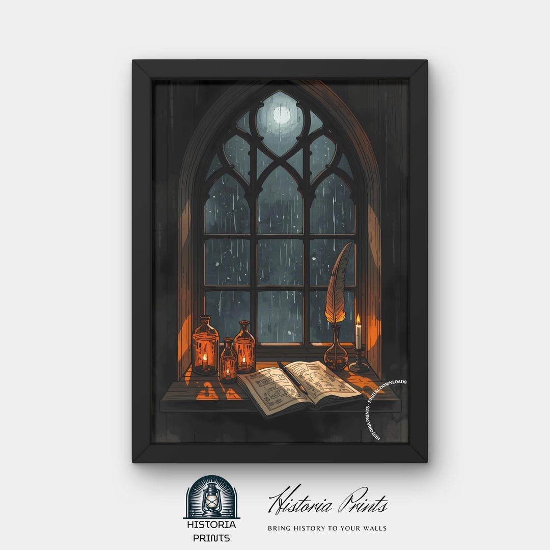 Dark Academia Gothic Window Print | Rainy Night Study Art (digital ...