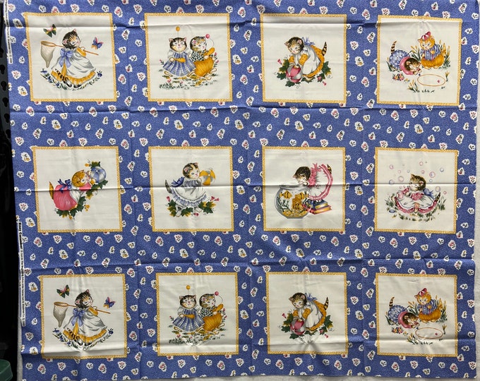 Vintage KITTY CUCUMBER Fabric - 12 Blocks on Blue Background - Adorable ...