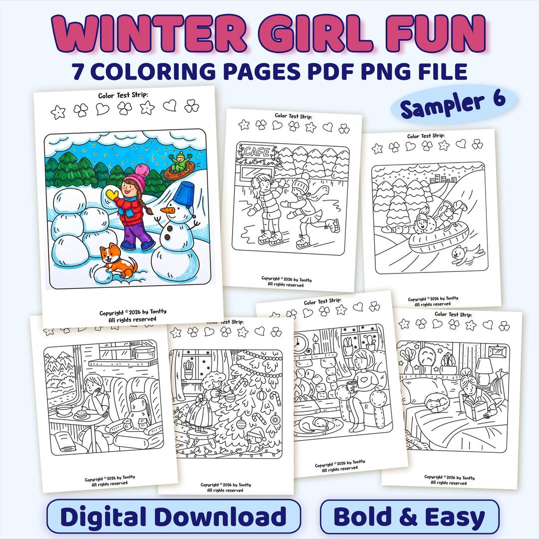 Winter Girl Fun Coloring Pages | Cute Skating Snowman & Cozy Fireplace ...