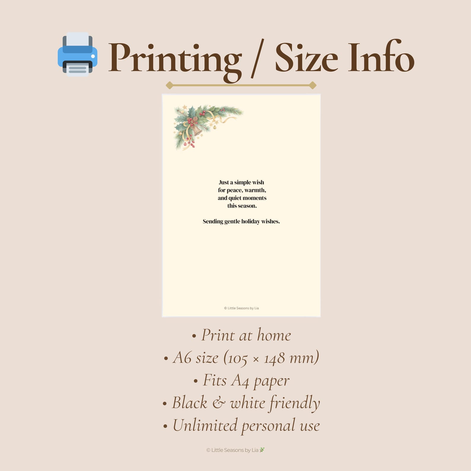 Gentle Holiday Wishes Printable A6 Greeting, Peaceful Seasonal Card ...