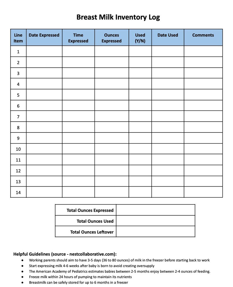 Electronic Digital PDF / Word Doc Breast Milk Inventory Log (for ...