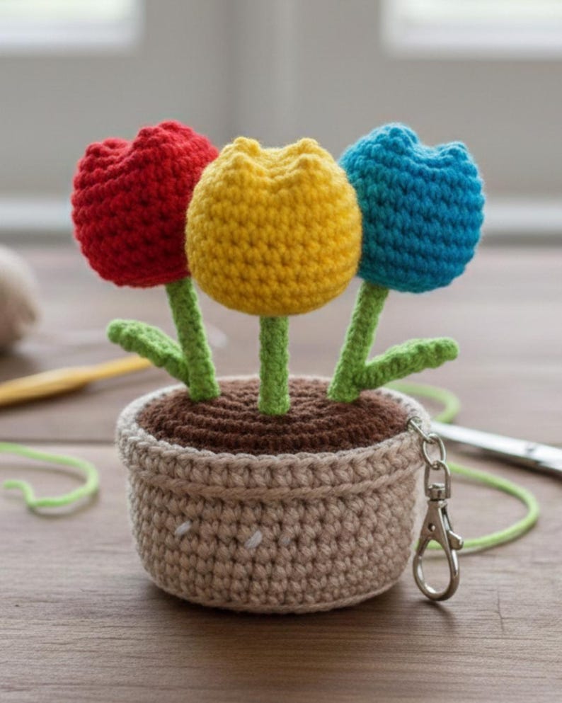 Crochet Tulip Keychain Pattern PDF | Mini Tulip in Pot Bag Charm ...
