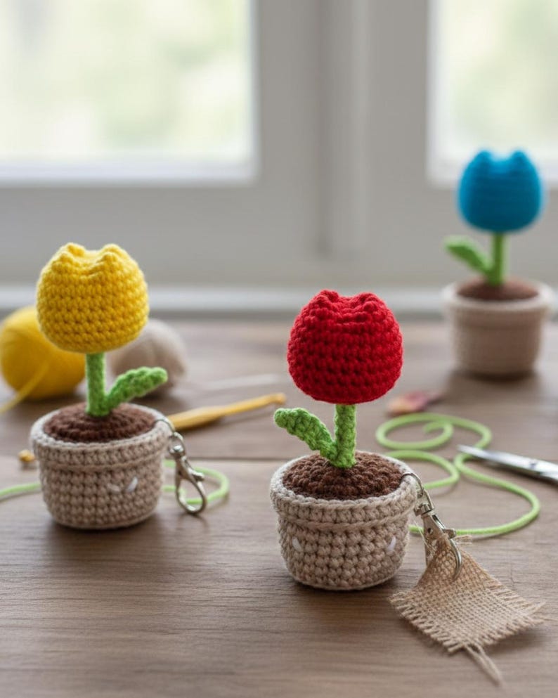 Crochet Tulip Keychain Pattern PDF | Mini Tulip in Pot Bag Charm ...