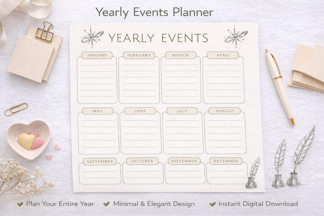 Yearly Events Planner Printable | Annual Planner | Year at a Glance ...