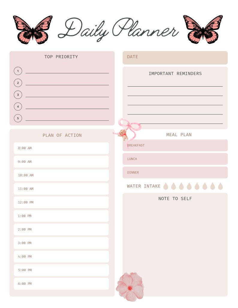 Daily Planner Printable | Pink Butterfly Daily Planner | to Do List ...