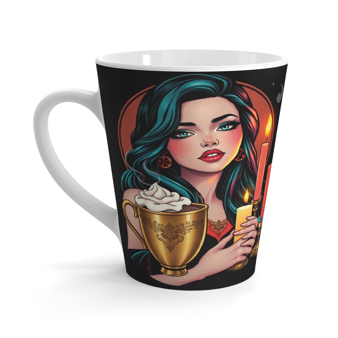 Gothic Witch Holding Candles Latte Mug | Coffee Cup With Whipped Cream ...