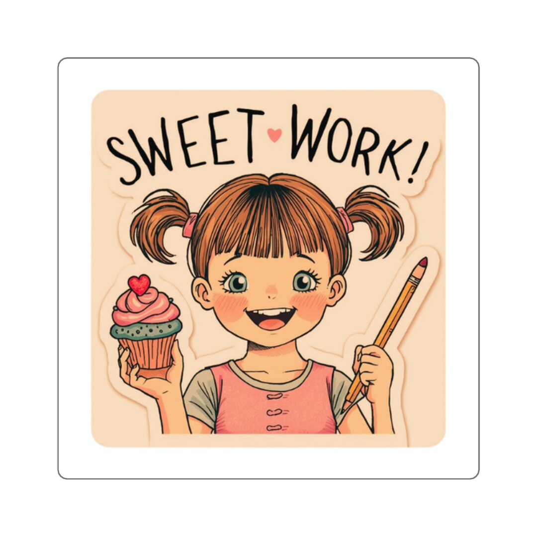 Sweet Work Cute Girl Cupcake Illustration Square Sticker | Planner ...