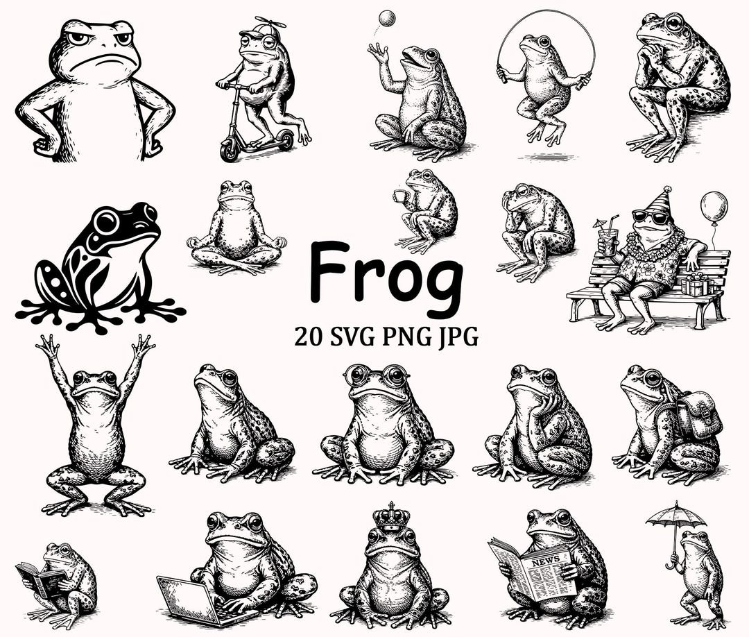 Vintage Frog SVG Bundle, 20 Frog Engraving PNG JPG Files, Black and ...