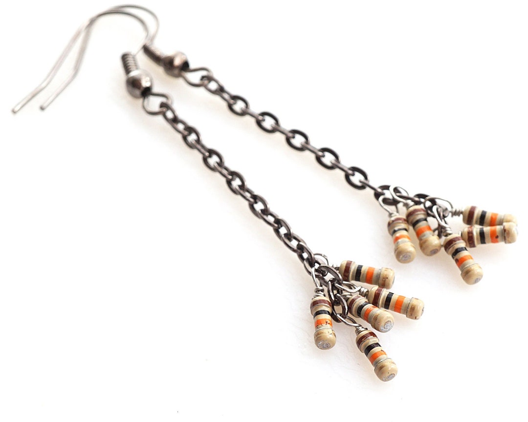 ON VACATION Tiny Striped Resistor Cluster Earrings Long Black Gunmetal ...