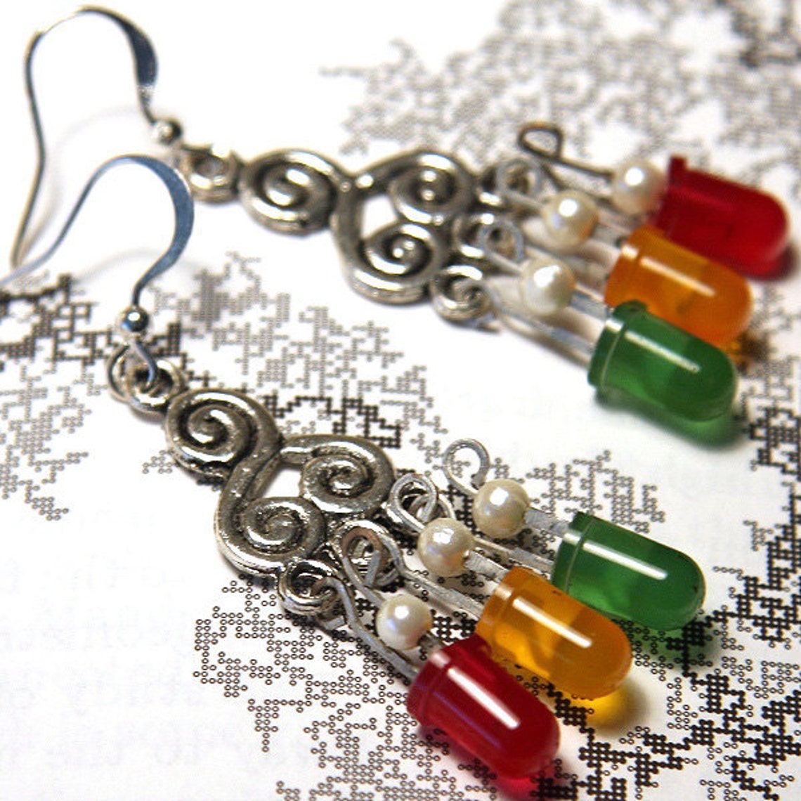 ON VACATION, Upcycled LED Earrings, Sterling Silver, Red Yellow Green ...