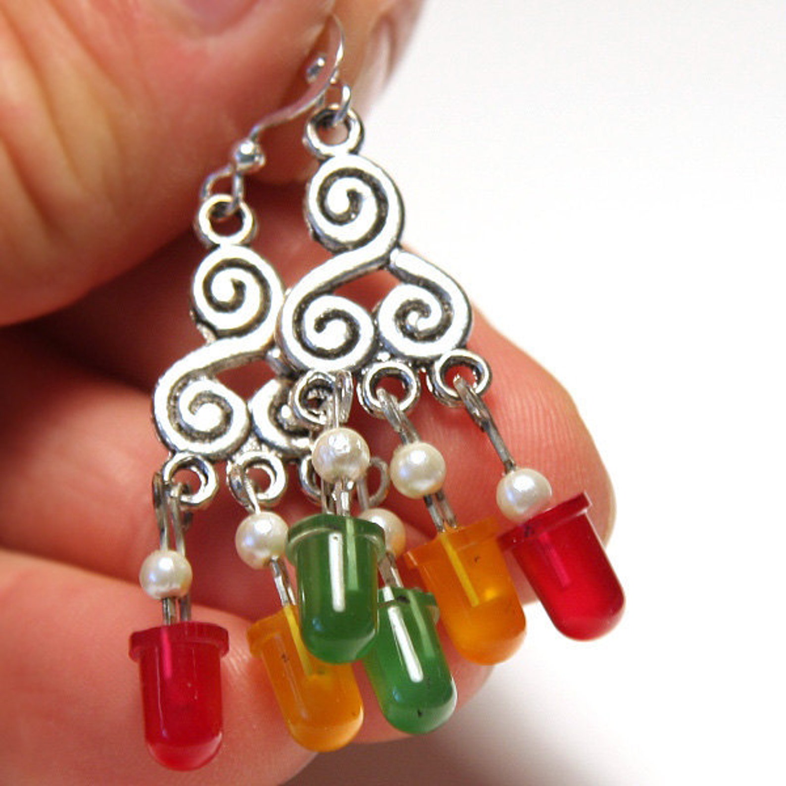 ON VACATION, Upcycled LED Earrings, Sterling Silver, Red Yellow Green ...