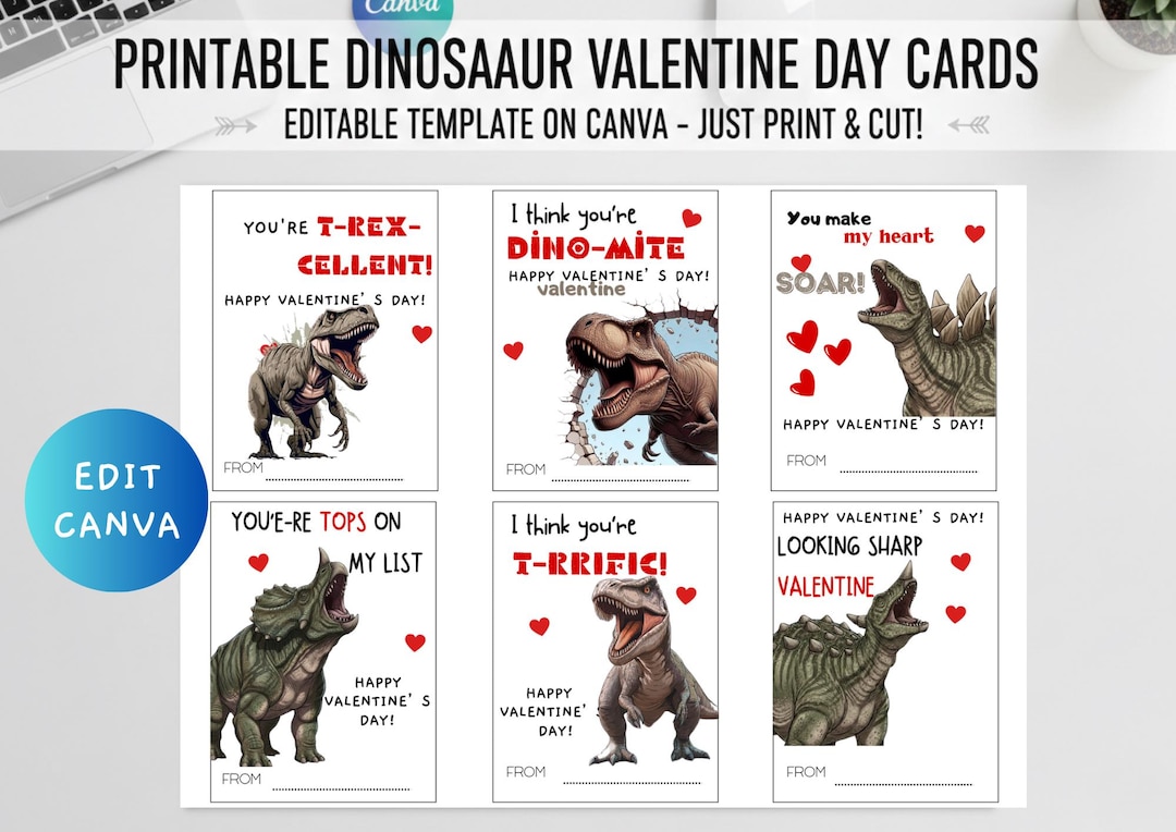 Dinosaur Valentines Day Cards, Kids Printable Gift Tags (editable Canva ...