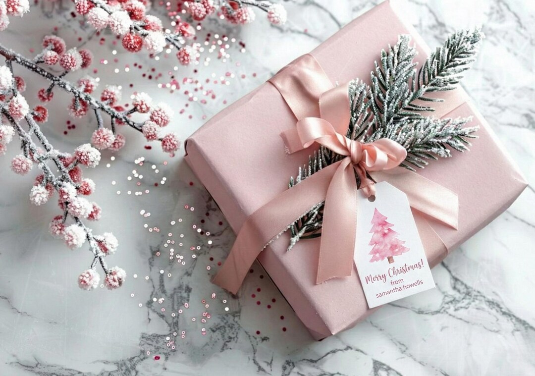 Pink Christmas Gift Tags, Editable Watercolor Tree (digital Download ...