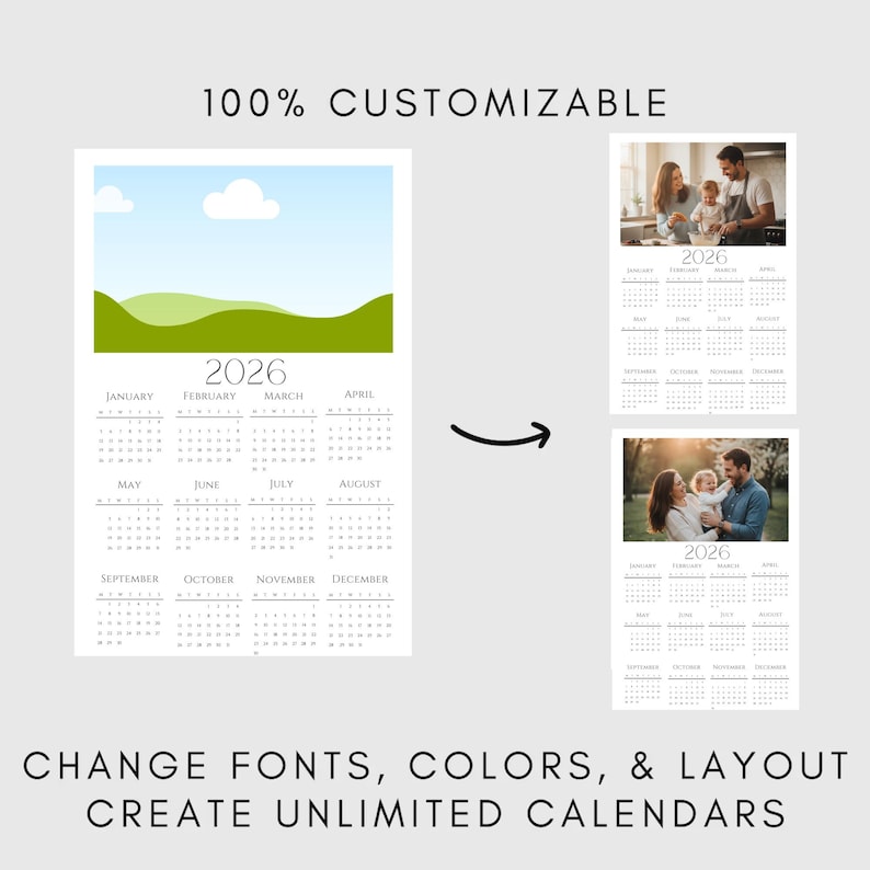 2026 Monthly Calendar Canva Template, Monday & Sunday Start Included ...