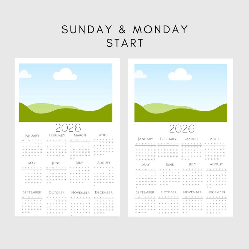 2026 Monthly Calendar Canva Template, Monday & Sunday Start Included ...