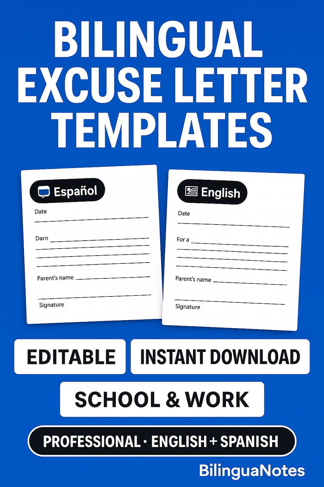 Bilingual School and Work Excuse Letter Templates English Spanish ...