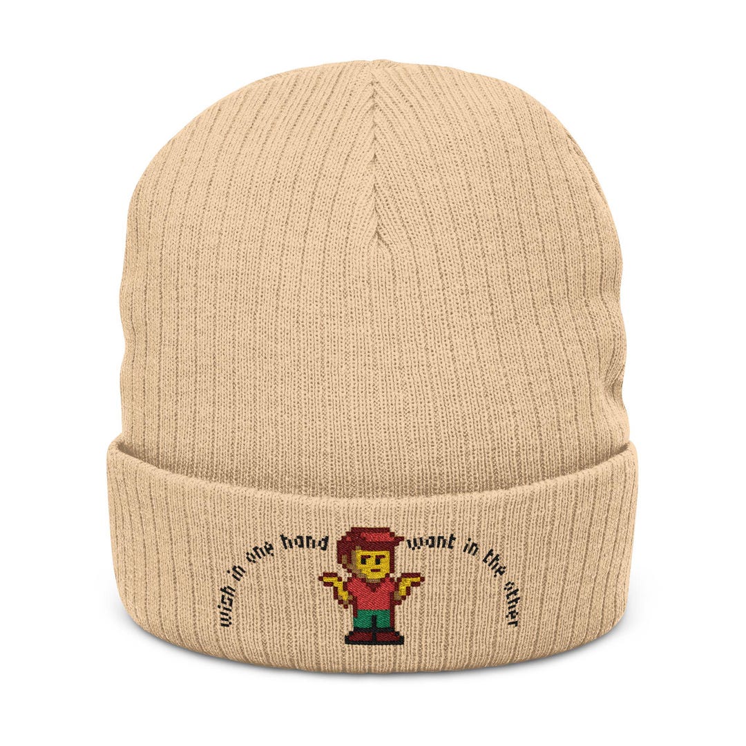 Smiling Pixel-style Figure Embroidered Beanie | Ribbed Knit Cuffed ...