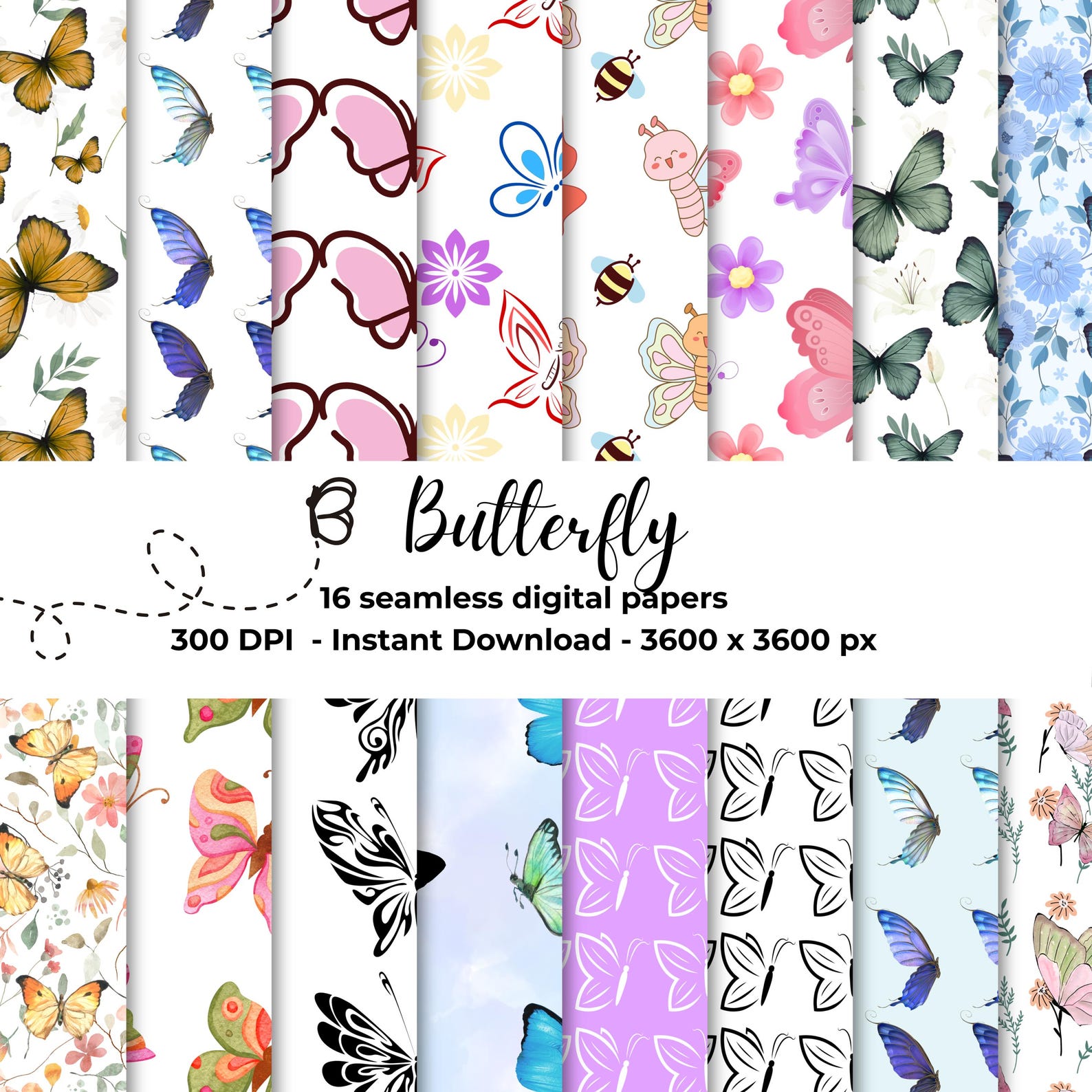 Butterfly Digital Paper Pack, Printable Butterfly Pattern Backgrounds ...