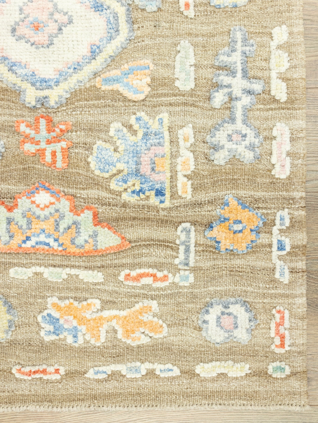 New Boho Chic Light Brown Wool Rug With Blue Orange Red and Pink, Home ...