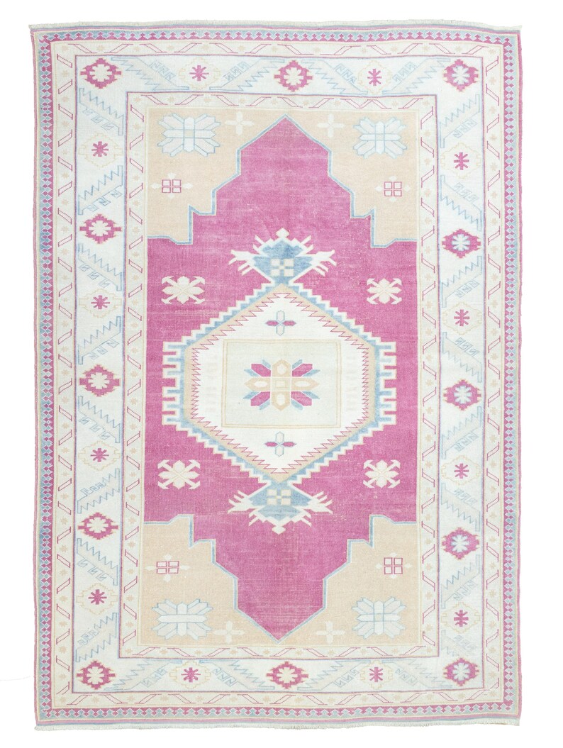 Vintage Turkish Handwoven Oushak Rug 6.4x9 Ft – Rose Pink Blue – Boho ...