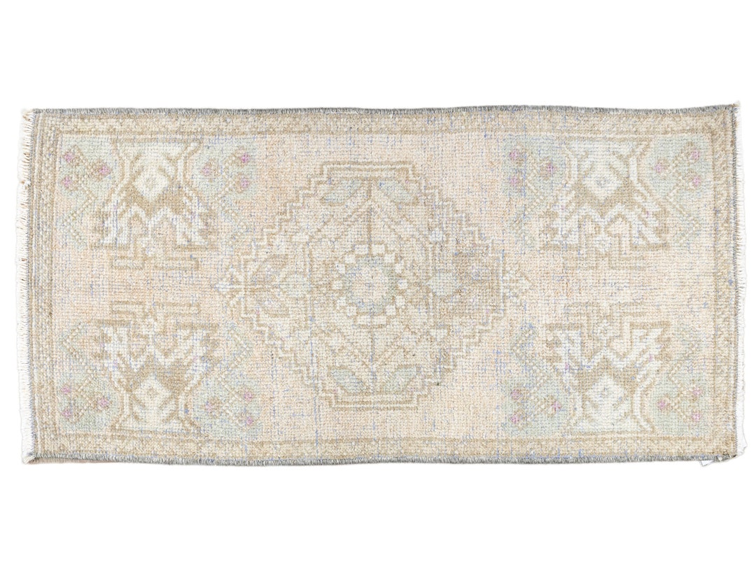 Handmade Light Brown and Blue Turkish Small Rug With Primitive Design ...