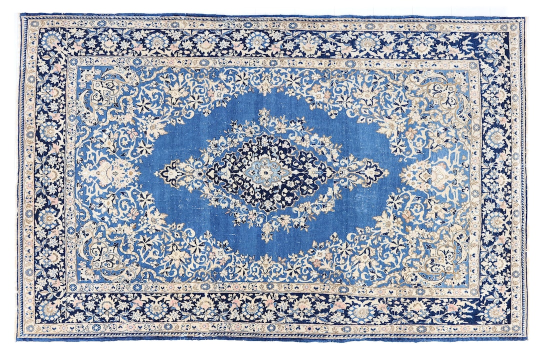 Vintage Blue Turkish Oriental Large Rug, Unique Hand Knotted 5'1x8'1 ...