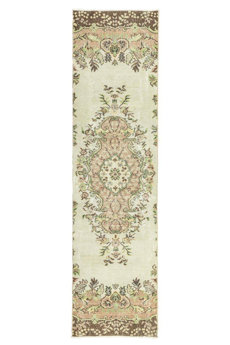 Vintage Turkish Oushak Runner Rug – Rustic Farmhouse Kitchen Sage Green ...