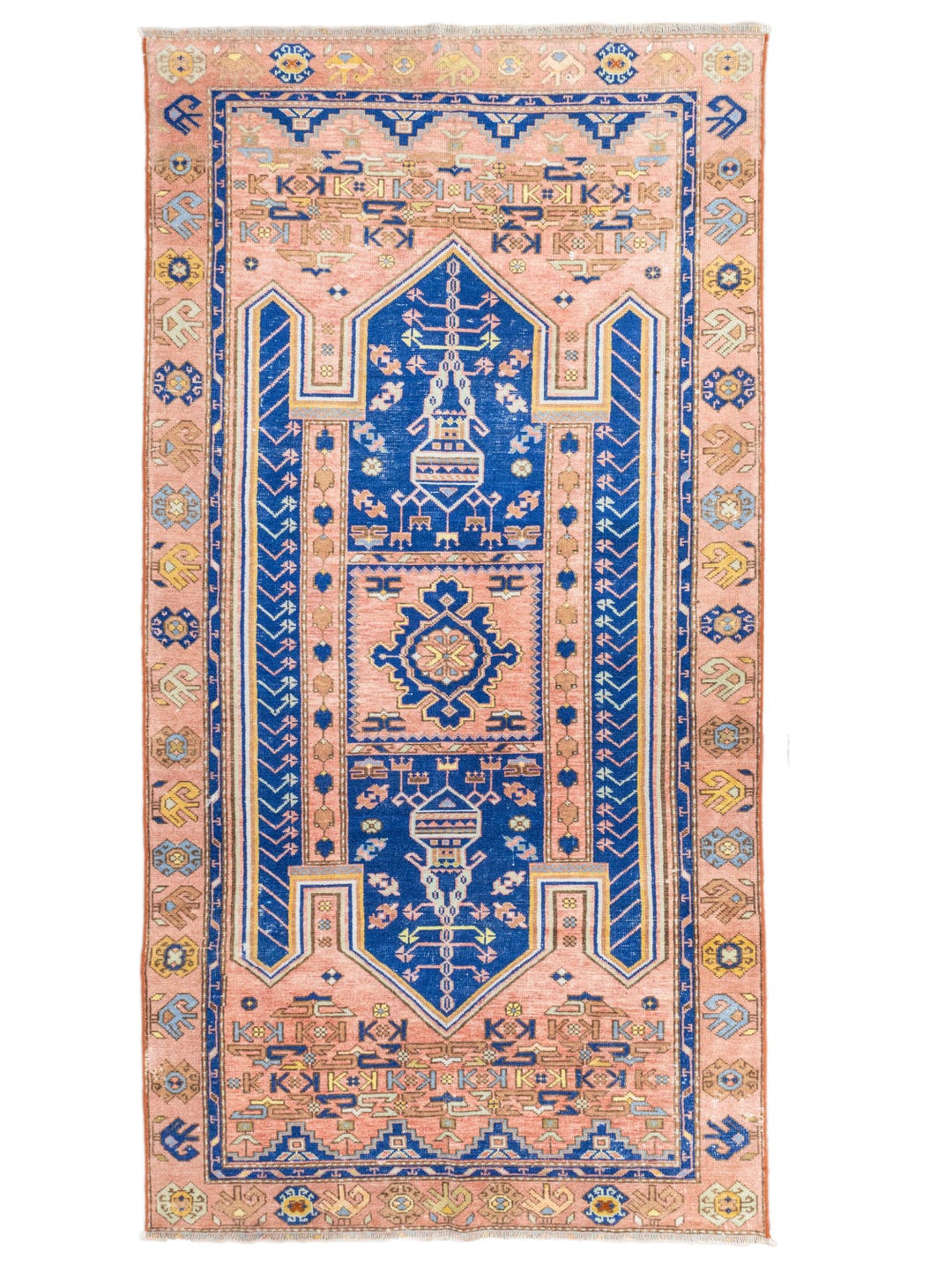 Vintage Caucasian Tribal Rug – Cobalt Blue Golden Peach – Bold Boho ...