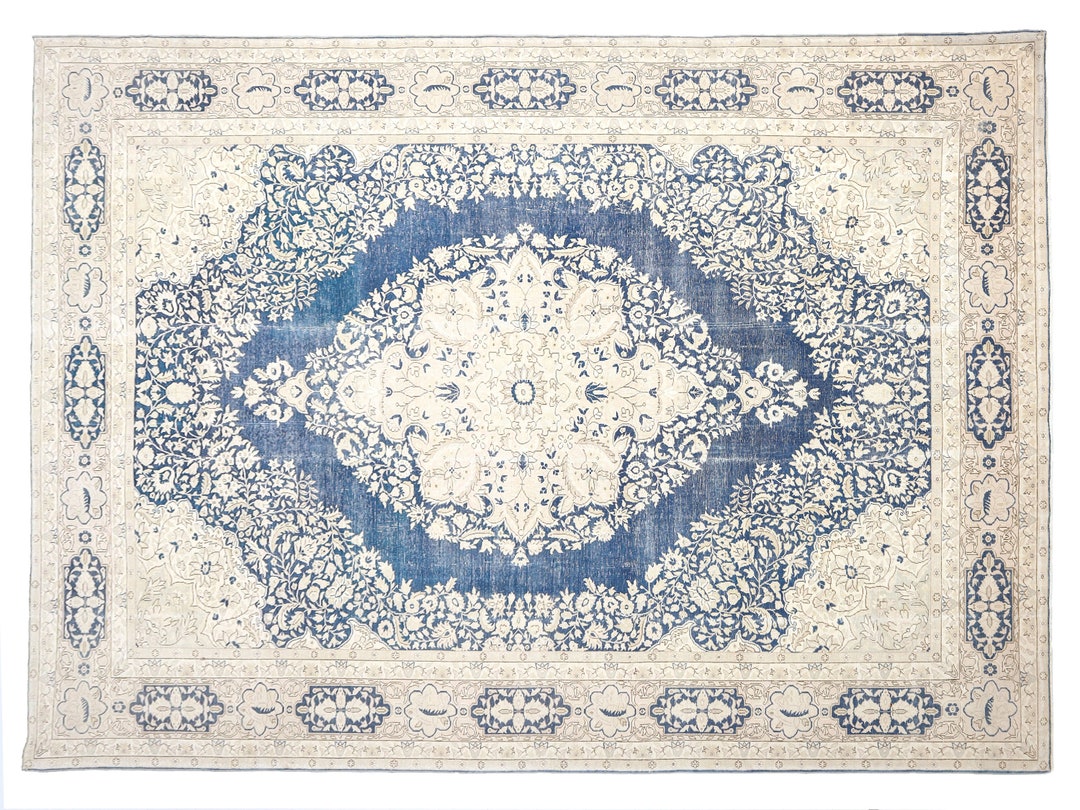 Blue Beige Turkish Oriental Large Rug, Mid Century Modern Vintage ...