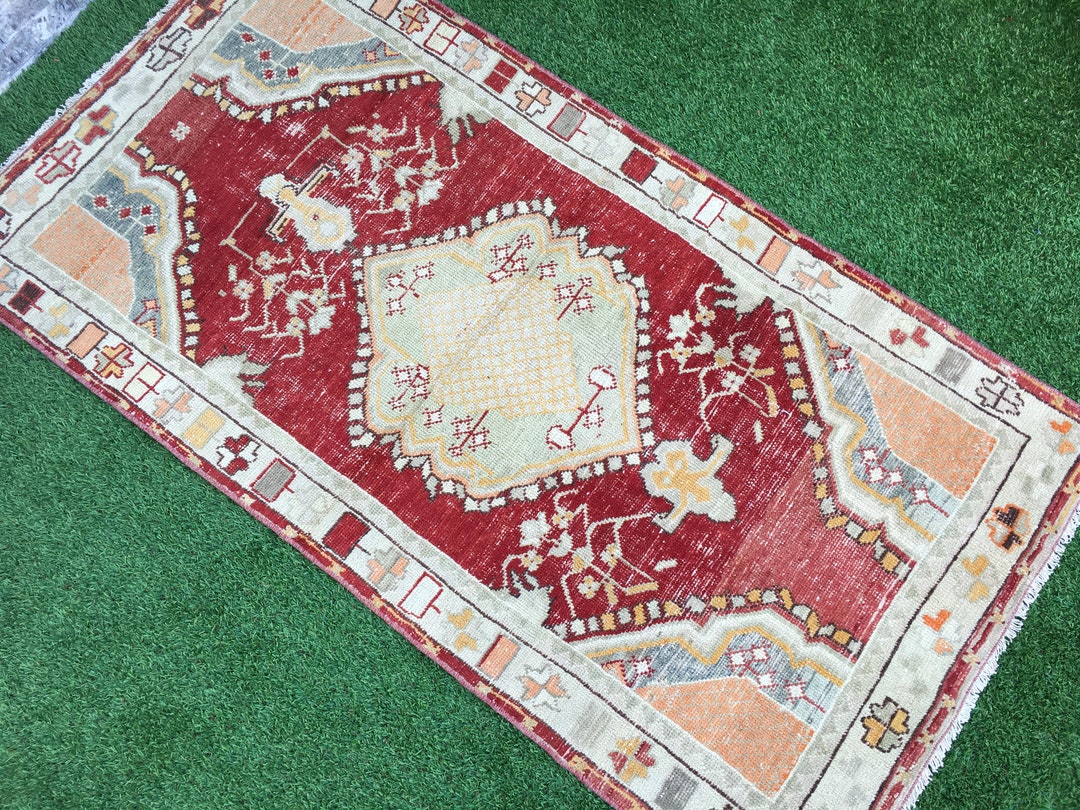 Small Turkish Rug, Red Oushak Rug, Handmade Vintage Rug, Bath Rug, Yoga ...