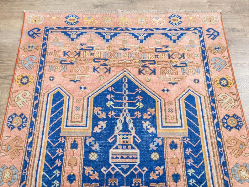 Vintage Caucasian Tribal Rug – Cobalt Blue Golden Peach – Bold Boho ...