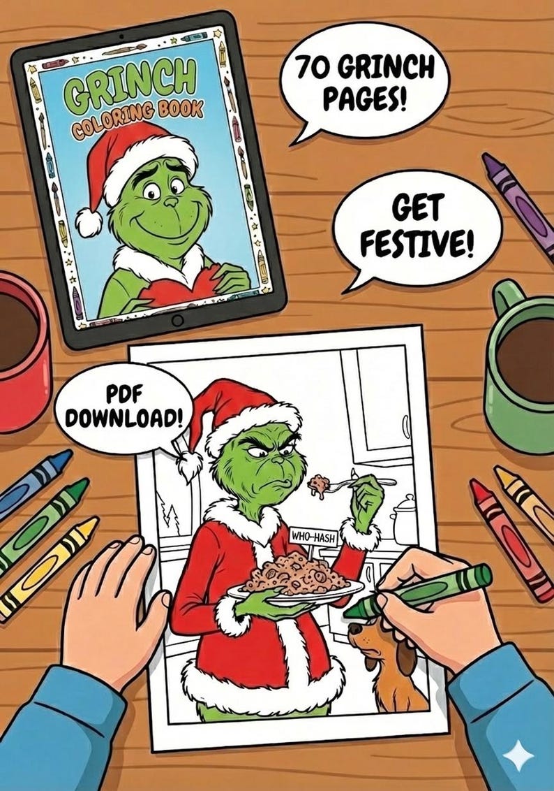 70 Funny Grinch Christmas Coloring Pages | Grinch Holiday Activity Book ...