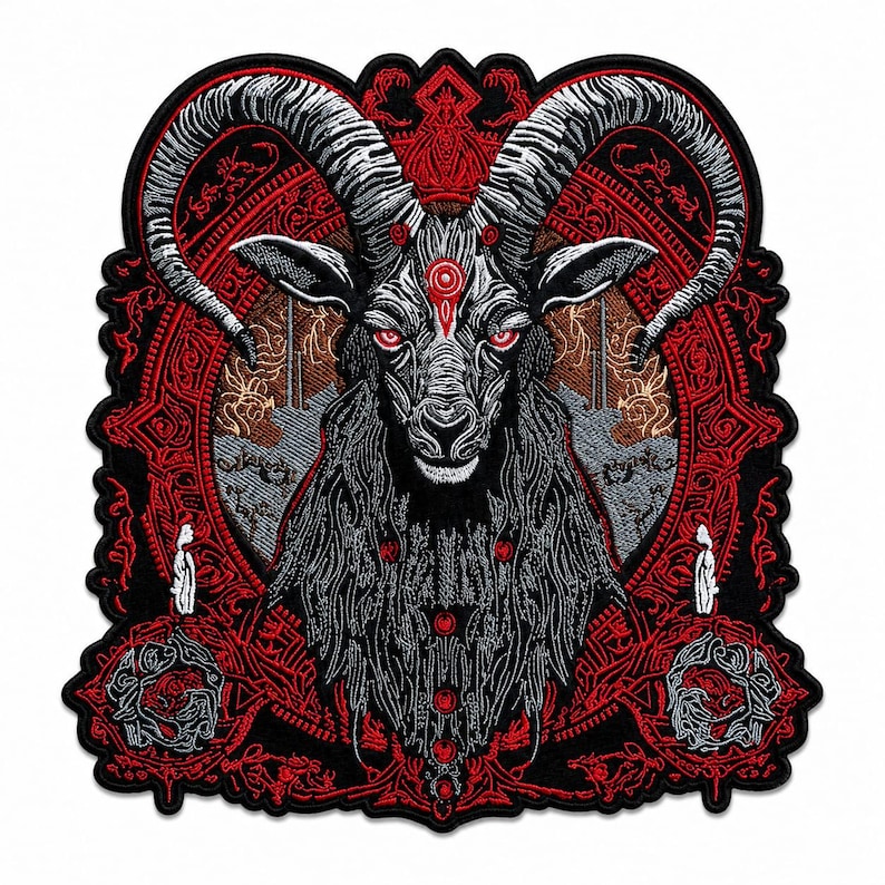 Gothic Ram Head Back Patch, Red Black Embroidered Biker Jacket Applique ...