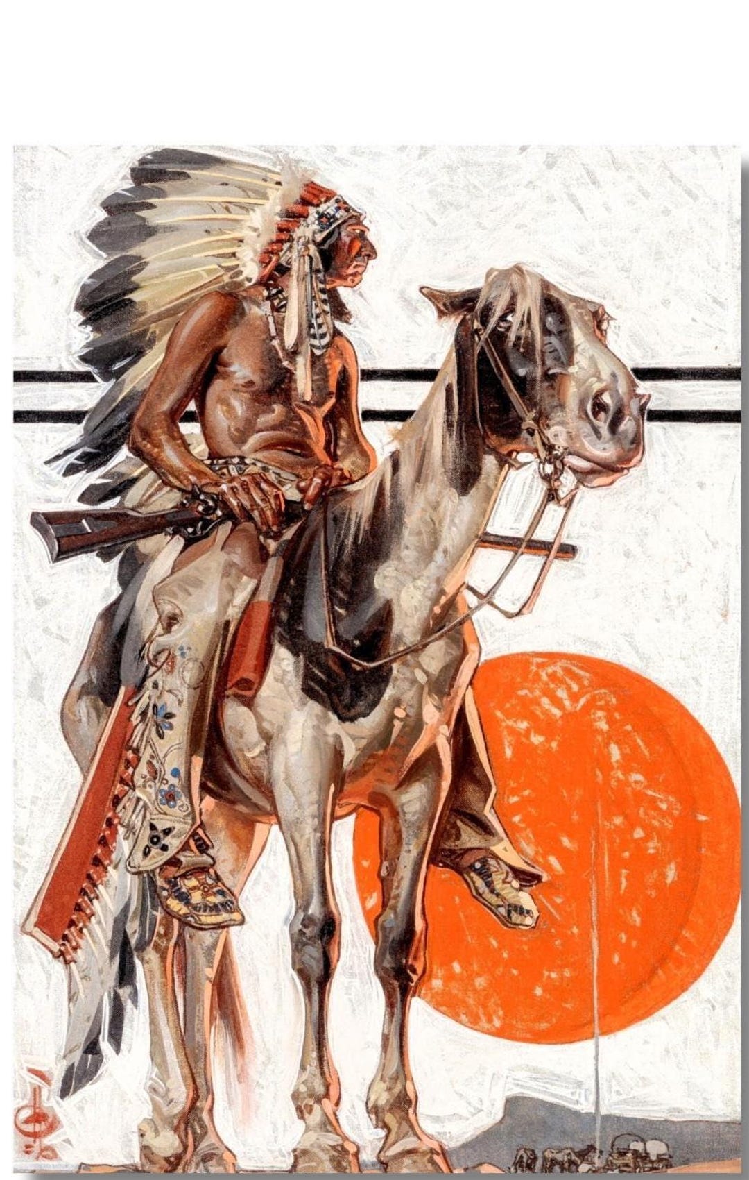 Indian With Campfire Below – Vintage Western Art Print by J.C ...