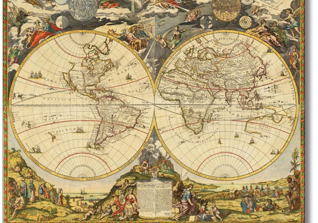 Antique World Map Canvas Print,1700 Map of the World by Paolo Petrini ...