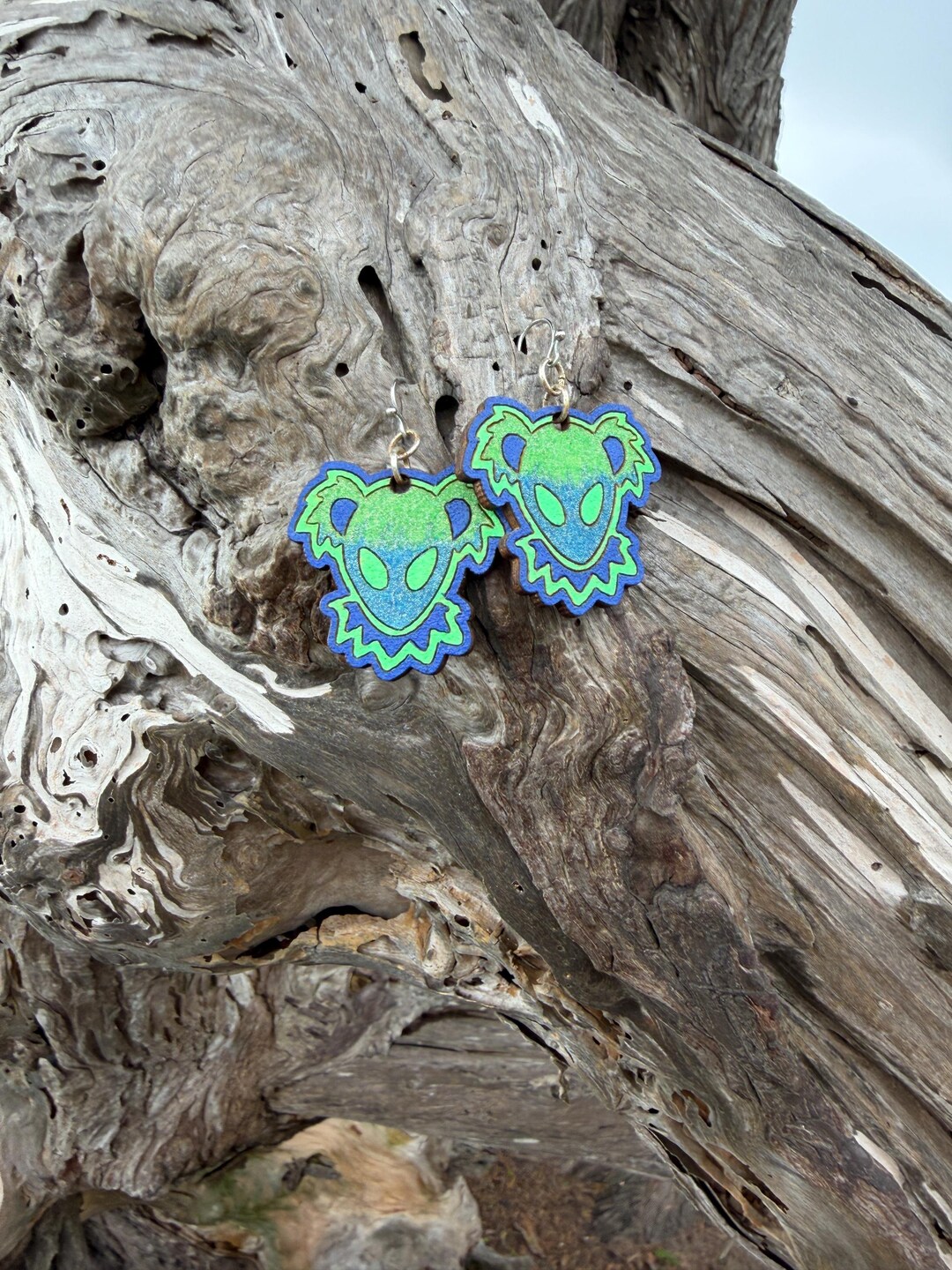 UV Reactive Alien Bear Earrings – Hand-colored Wood, Surgical Steel - Etsy