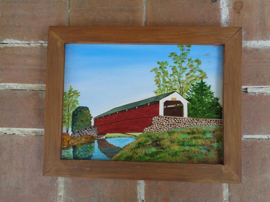 Vintage Painting Covered Bridge Oley Valley Pennsylvania Pleasantville ...