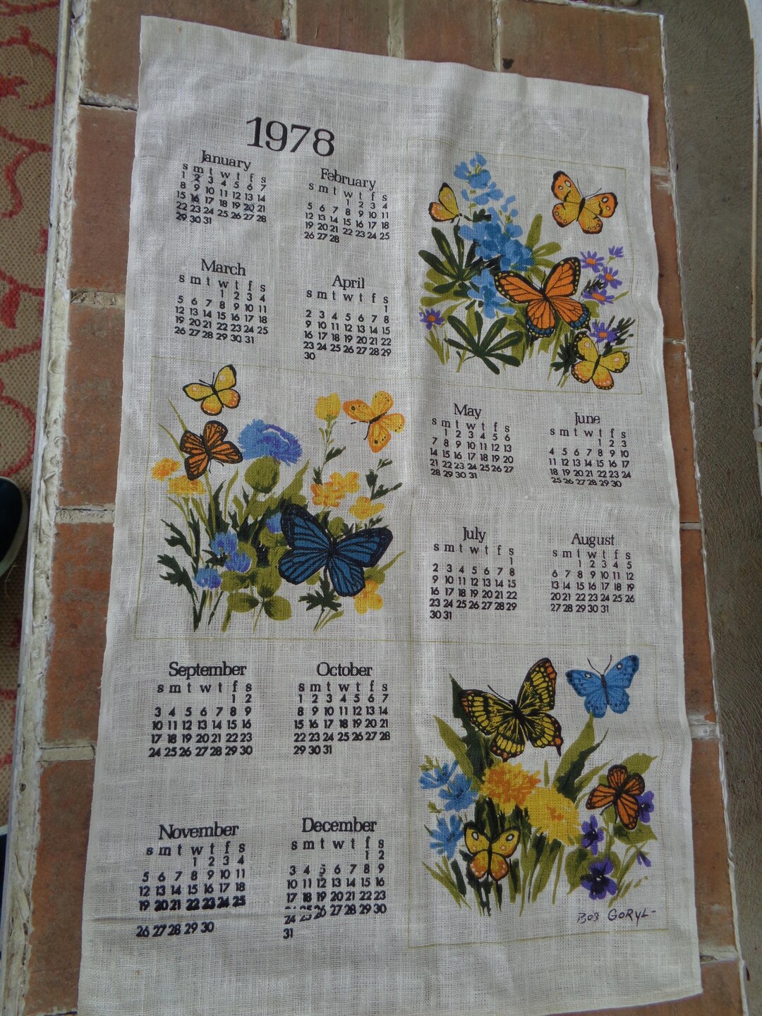 Vintage Linens Tea Towel 1978 Butterflies Bob Goryl 1970's Retro Kitsch ...