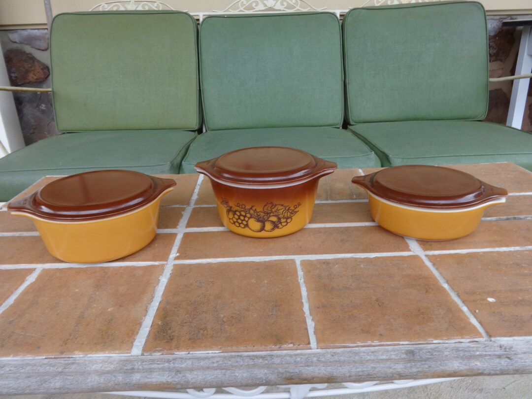 Lot of 3, Vintage Pyrex Set Old Orchard Brown Covered Casserole ...