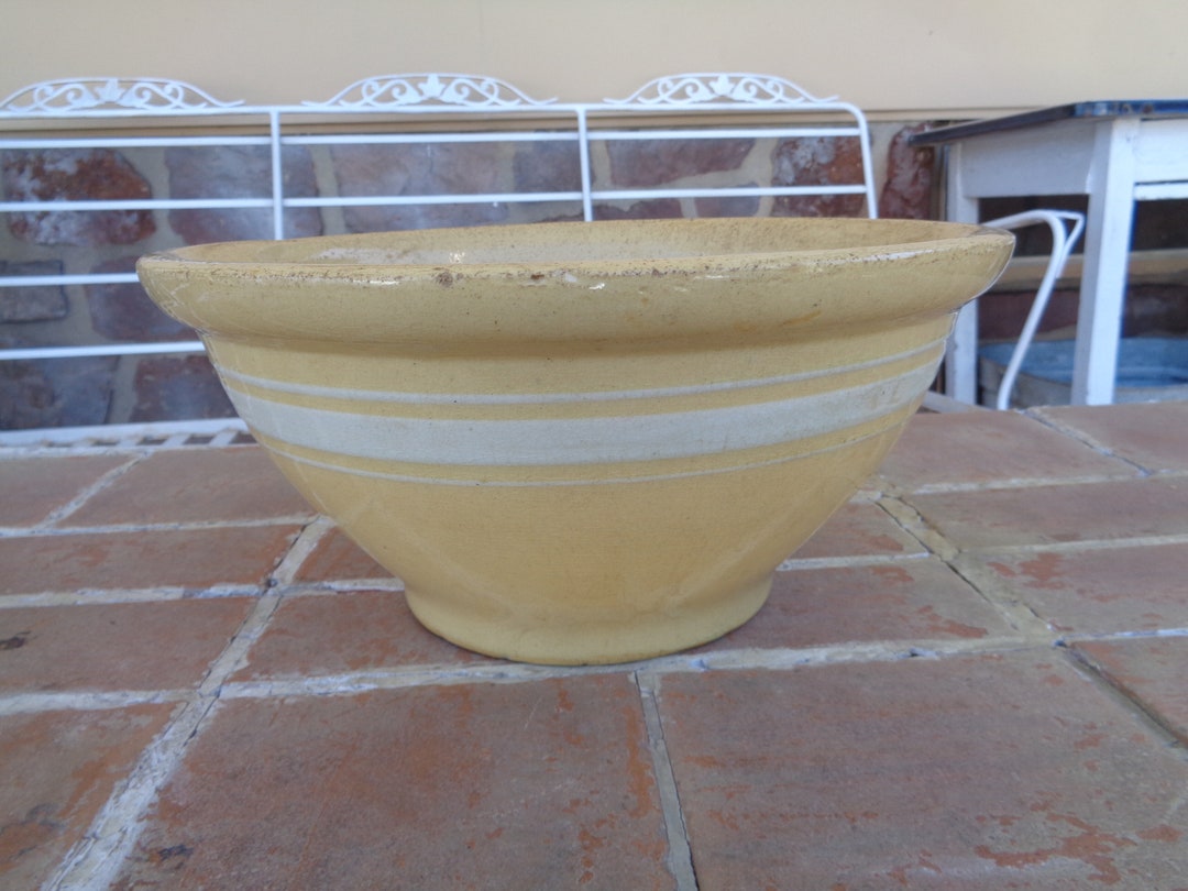 Antique Yellow Ware Bowl Farm House Three Striped 12" Large Primitive ...