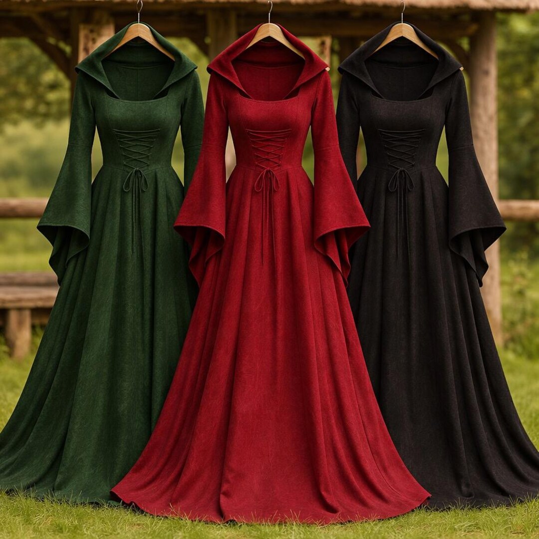 Medieval Celtic Hooded Velvet Dress • Viking Renaissance Gown • Fantasy ...