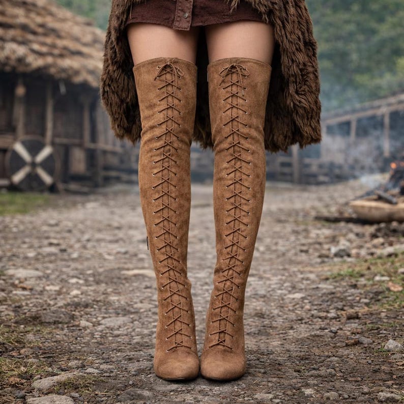 Women’s Medieval Thigh High Boots – Suede Lace up Viking Boots ...