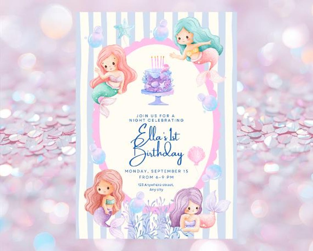 Birthday Invitation Whimsical Stripe Mermaids - Etsy