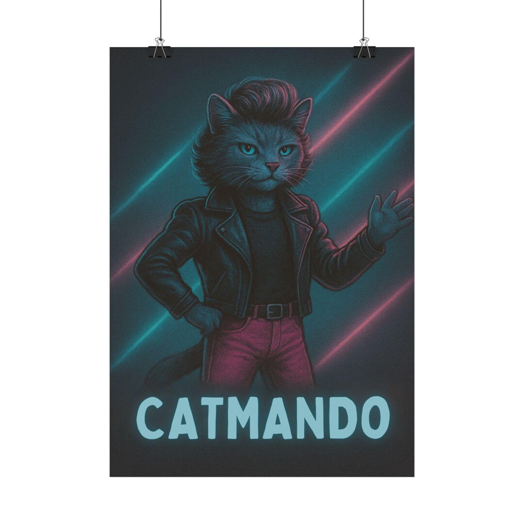 Catmando Poster | Retro Neon Cat in Leather Jacket Poster - Etsy