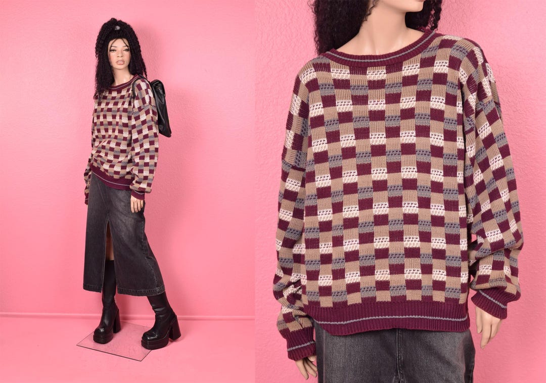 Vintage 80s Checkerboard Pattern Sweater/ Gender-neutral XXL-XXXL ...