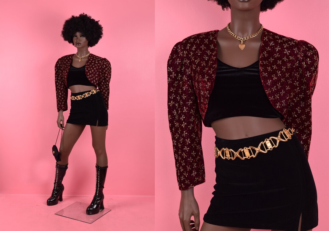 Vintage 80s 90s Glitter Bow Pattern Cropped Velvet Jacket/ Large/ 1980s ...